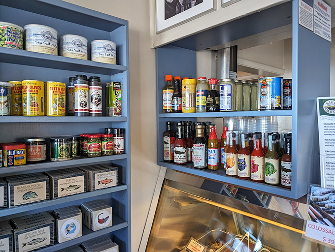A pantry of possibility&mdash;these shelves of sauces and seasonings hint at the care that goes into every dish beyond mere frying.