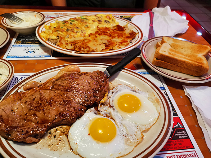 Steak and eggs: the breakfast of champions, cowboys, and anyone who plans to skip lunch. Those sunny-side-up eggs are practically smiling.