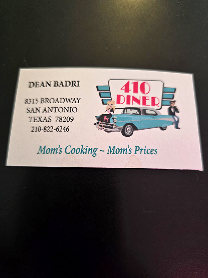 Mom's Cooking ~ Mom's Prices promises the business card, and that '57 Chevy graphic tells you everything about the diner's soul.