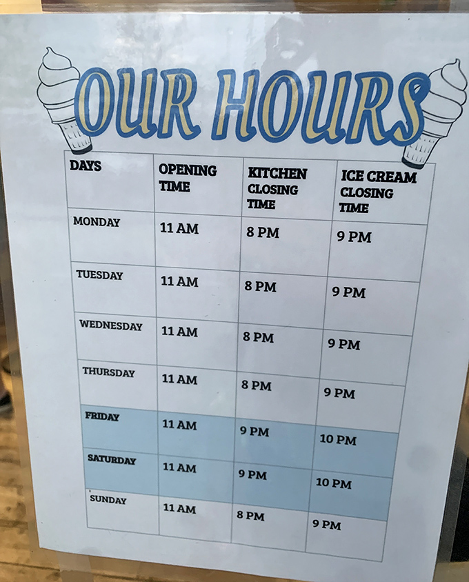 Hours thoughtfully designed to serve vacationers on island time&mdash;kitchen closes when the sun sets, but ice cream waits for no one.
