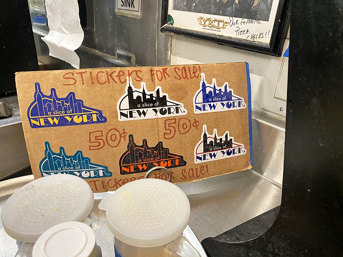 Even the stickers for sale show this place's commitment to authentic New York pizza pride.