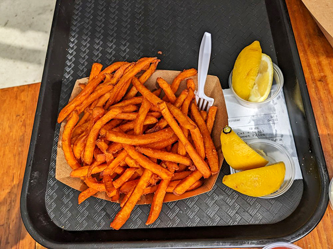 Sweet potato fries &ndash; the unsung heroes of any seafood feast, bringing their caramelized sweetness to balance the ocean's briny treasures.