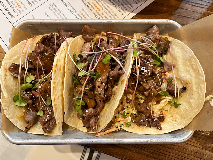 Tacos that demand to be photographed before being devoured. The microgreens aren't just garnish&mdash;they're the jewelry that completes this culinary outfit.