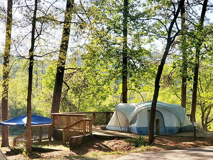 This tent site with its wooden platform and deck offers the perfect compromise between wilderness immersion and not having to sleep directly on pinecones.