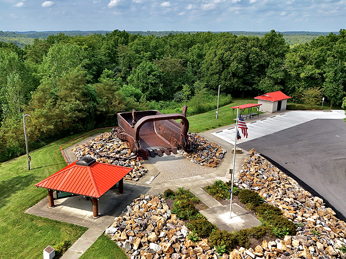 Bird's eye view reveals the bucket's place of honor in Miner's Memorial Park. From above, you appreciate the thoughtful layout of this unique attraction.