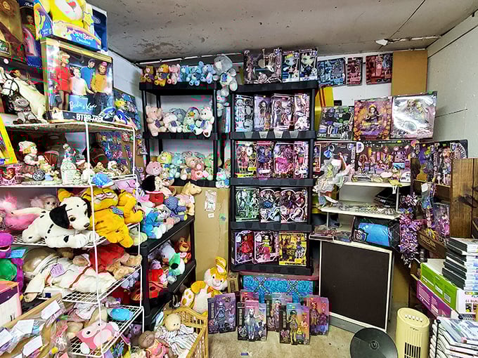 Doll paradise or slightly creepy? This toy-filled booth offers childhood nostalgia by the armful, with stuffed animals and boxed dolls awaiting adoption.