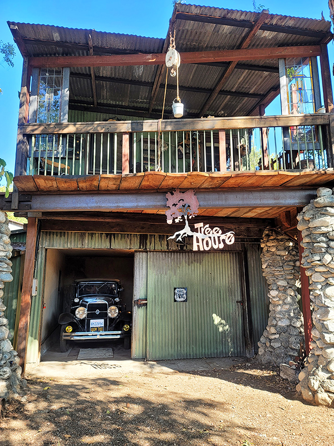 "The Tree House" takes rustic charm to new heights, combining corrugated metal, stone, and wood into a multi-level marvel.