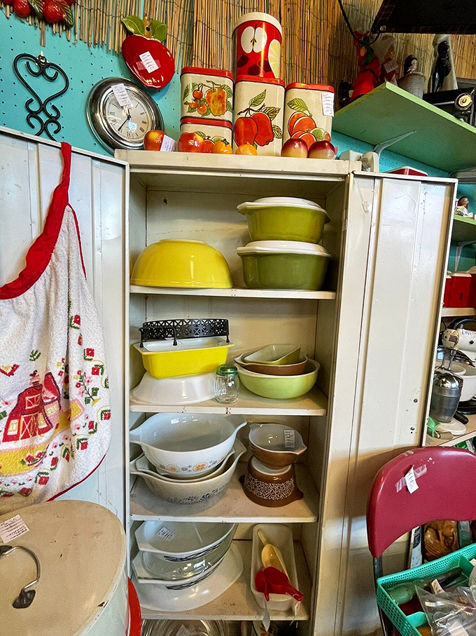 This cabinet showcases a rainbow of vintage Pyrex &ndash; the colorful workhorses of American kitchens that have outlasted countless trendy appliances.