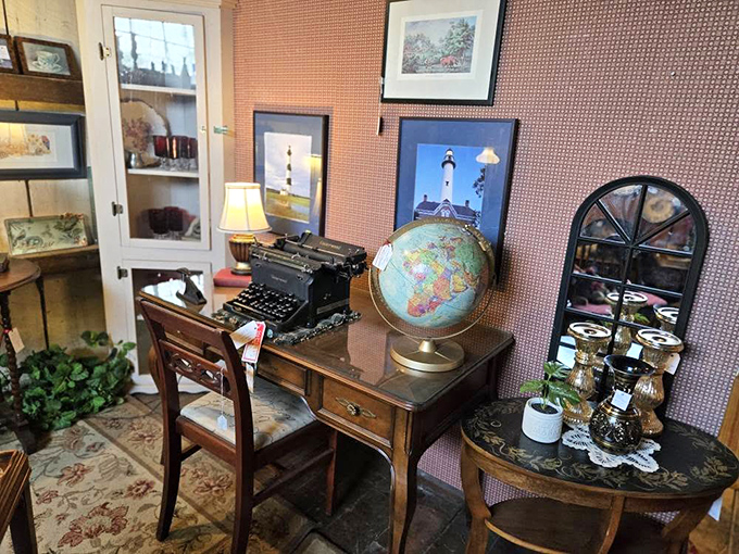 The vintage typewriter sits ready for your next great American novel, surrounded by treasures that might just inspire your opening chapter.