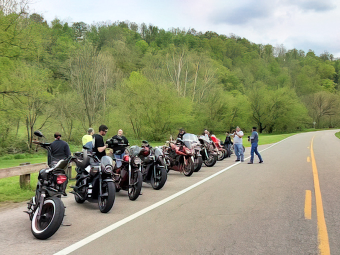 Motorcycle groups know a good photo opportunity when they see one, and this bridge delivers.