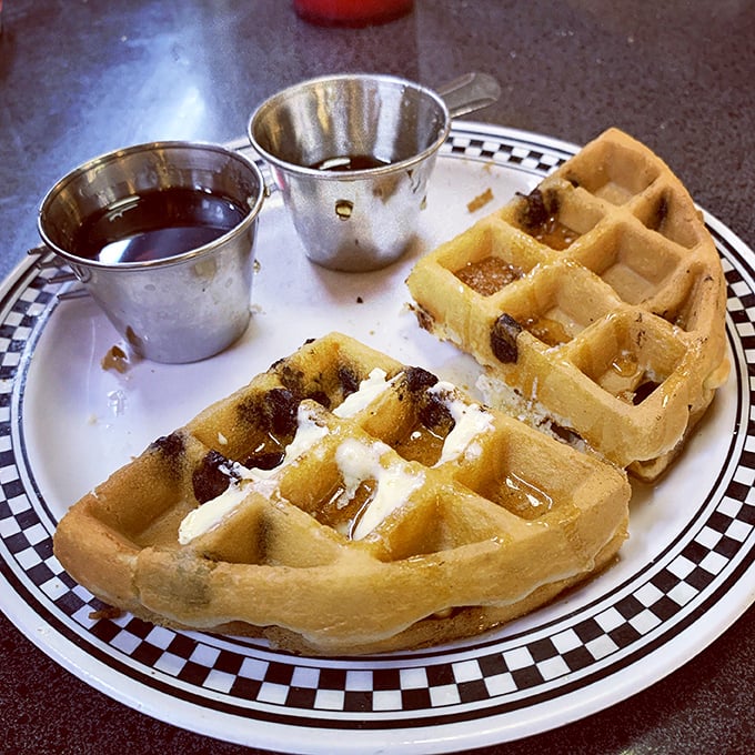 Waffles with perfect grid precision &ndash; those squares were designed by breakfast engineers to hold maximum butter and syrup.