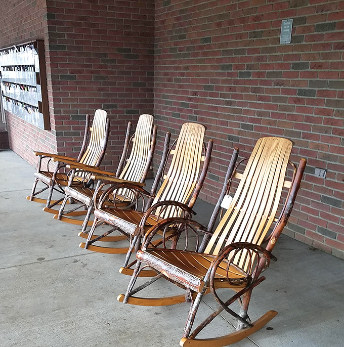 Handcrafted rocking chairs invite weary travelers to sit a spell. The perfect spot to contemplate life's big questions, like "How many pieces of pie is too many?"