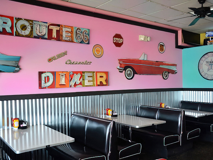 Route 66 memorabilia and classic car decor&mdash;because nothing complements eggs and bacon like a '57 Chevy on the wall.