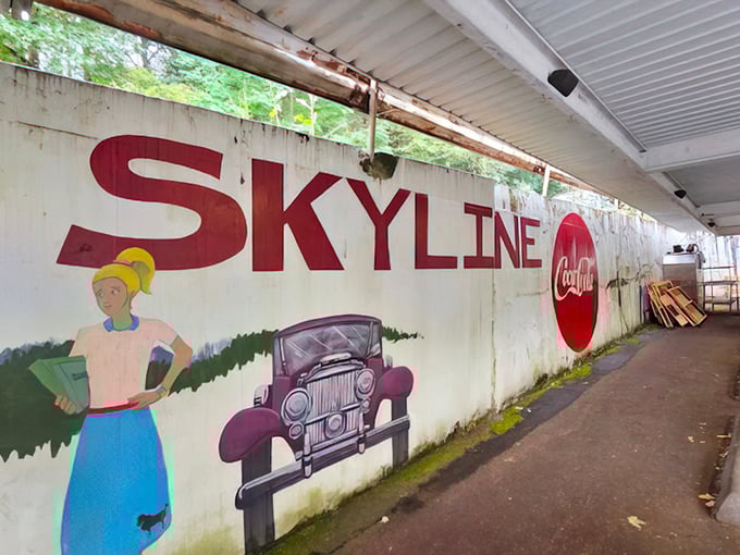 The exterior mural tells Skyline's story without saying a word&mdash;classic cars, classic cola, and classic American optimism painted right onto Portland's landscape.