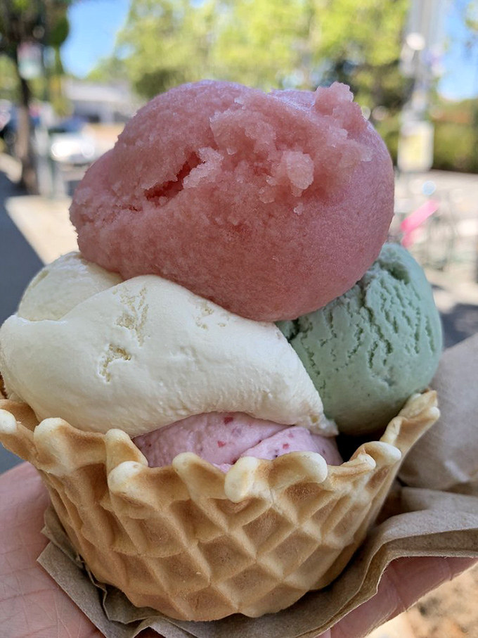 A scoop quartet performing a symphony of flavors. The standing ovation is inevitable, though slightly sticky.