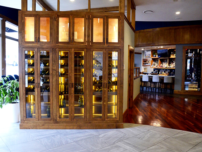 A wine display that makes you want to point randomly and say, "That one, please"&mdash;knowing any choice will complement your seafood splendidly.