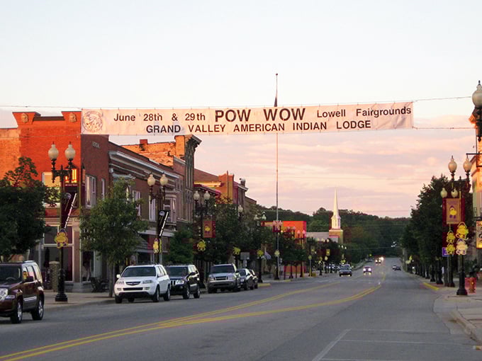 Lowell's charming main street comes alive at sunset, when the historic buildings glow with warm light.