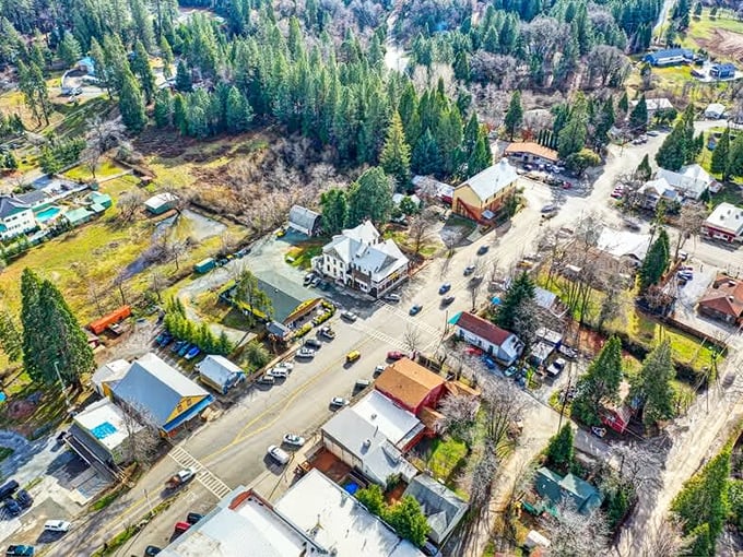 From above, Georgetown reveals itself as a perfect patchwork of history, nature, and small-town living, surrounded by the endless green of Sierra forests.