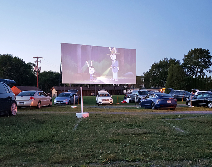 Animation comes alive as dusk settles over Orefield. Even cartoon rabbits seem more vibrant when watched from your car's front seat.