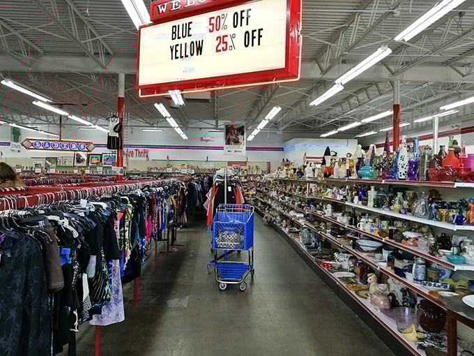 Wide aisles invite leisurely browsing through this carefully organized maze of second-hand treasures.