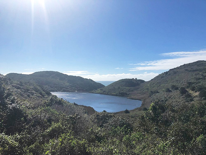 Bass Lake glistens like a sapphire amid the coastal hills. A perfect rest stop before continuing your waterfall quest.