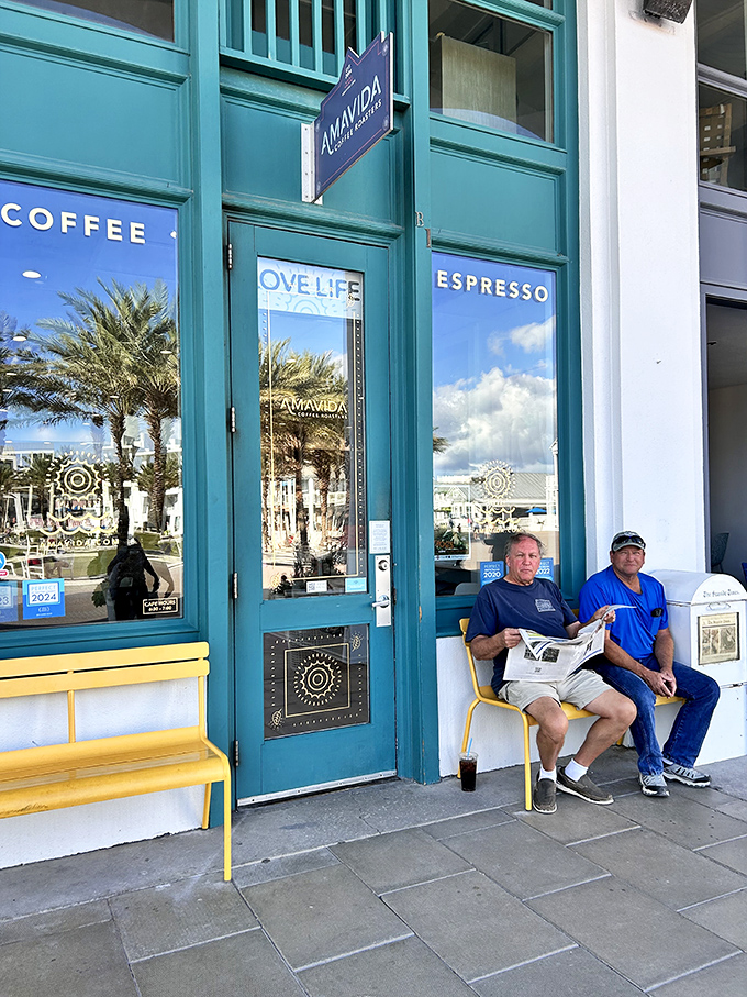 Amavida Coffee provides the perfect perch for morning rituals and newspaper reading. These gentlemen have clearly mastered the art of Seaside living.