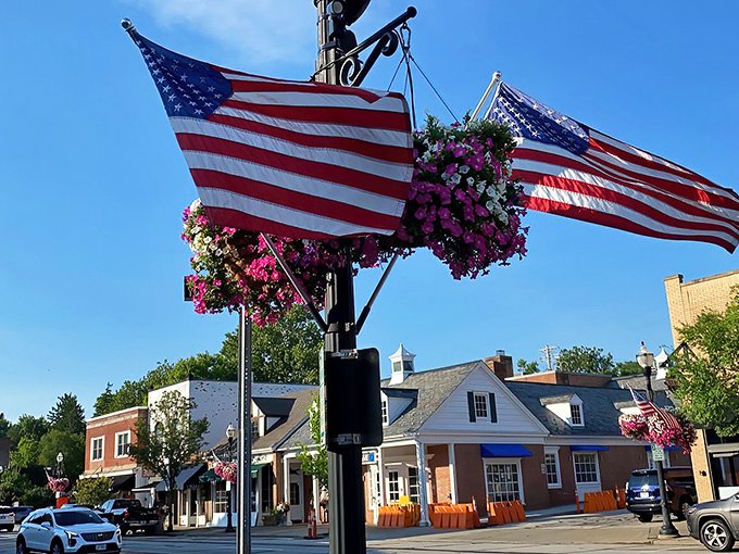 American flags and hanging flower baskets&mdash;Chagrin Falls' version of rolling out the red carpet for visitors year-round.