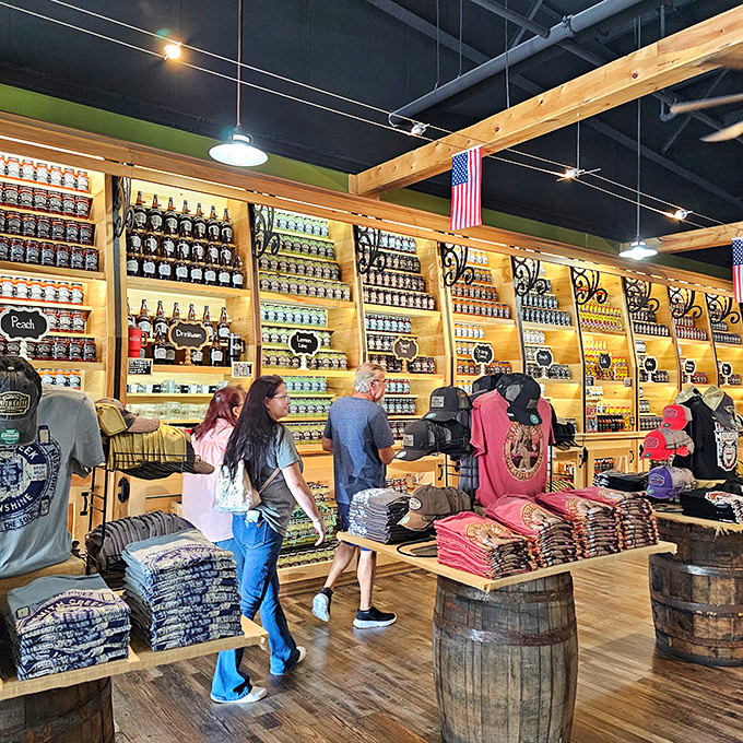 Moonshine meets merchandise in this rustic-chic shop where wooden barrels and American flags create the perfect backdrop for souvenir hunting.