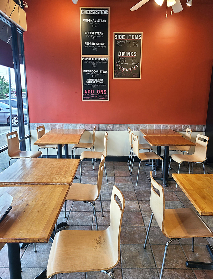 School cafeteria meets culinary hotspot. The simple tables and chairs say, "We spent our money on ingredients, not interior decorators."