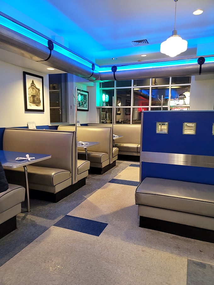 Evening at Monty's brings cool blue lighting and cozy booths perfect for plotting world domination or just deciding between pie and ice cream. (Correct answer: both.)