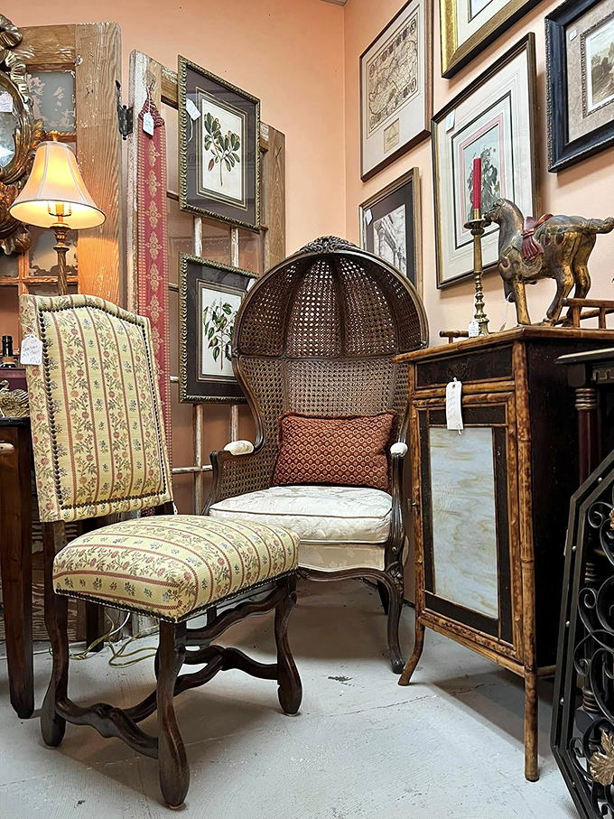That peacock chair practically demands you sit down and hold court like a 1970s design queen.