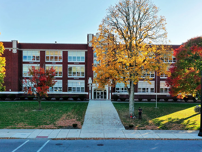 Fall transforms this school campus into a painter's palette of warm colors, making even former students momentarily nostalgic for algebra class.