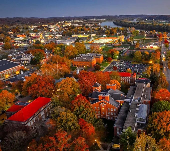 Fall foliage frames Marietta College's historic campus in fiery hues, proving that this town knows how to dress for autumn.