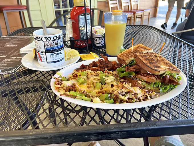 This isn't just a sandwich&mdash;it's architecture. Layers of BLT perfection alongside hash browns that somehow manage to be both crispy and tender.