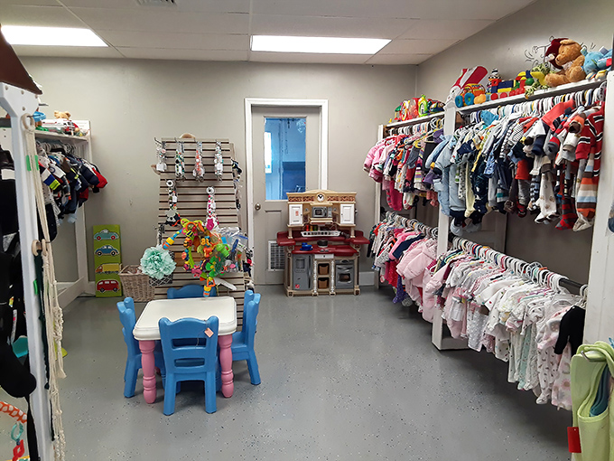 Kid paradise! This playroom-worthy section features enough gently-used toys and clothes to outfit a daycare center, complete with a tiny table for little shoppers-in-training.