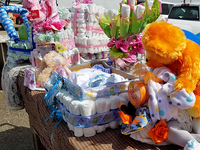 Handcrafted diaper cakes and baby gifts that make shower attendees gasp, "You found that at a flea market?"