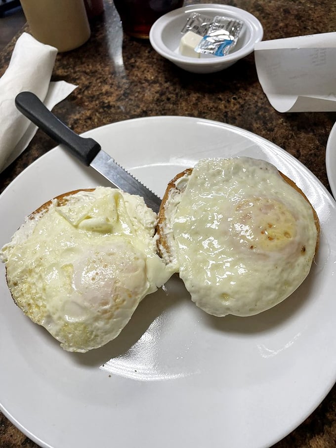 Two perfectly cooked eggs &ndash; sunny side up and ready for their close-up &ndash; sitting atop what might be the most photogenic English muffin in Naples.