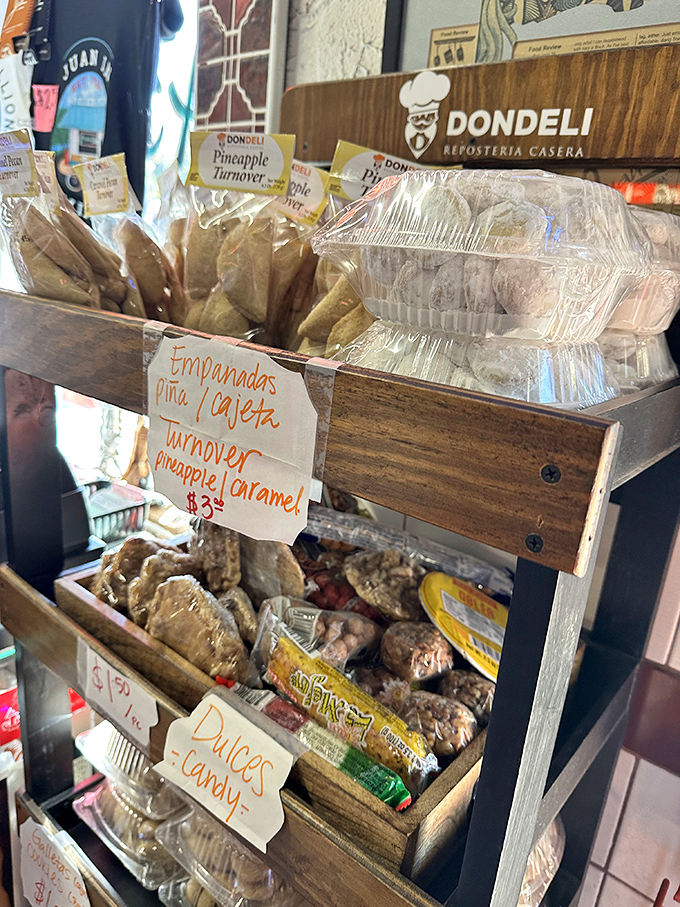 Sweet treasures await in wooden display cases, where empanadas and Mexican pastries tempt even the most committed savory breakfast fans.