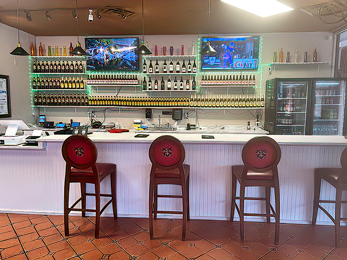 The bar area offers front-row seats to the liquid refreshment show, where coffee and cocktails coexist in perfect harmony.