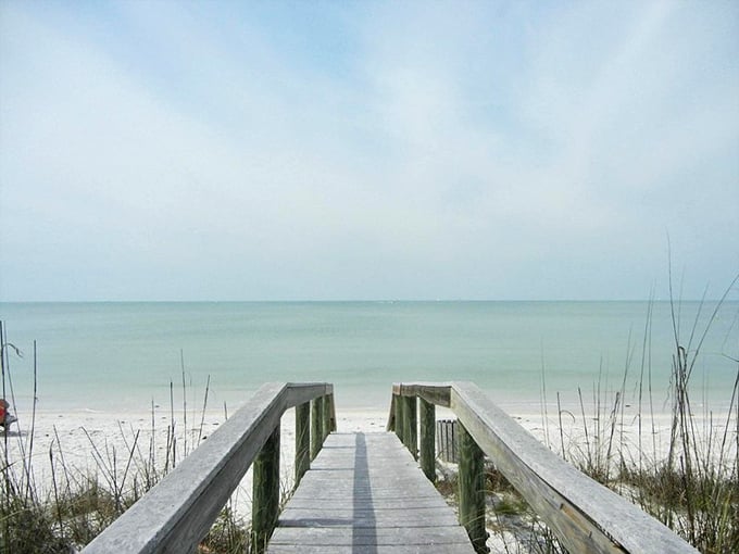 The pathway to serenity. This simple wooden walkway leads to miles of uncrowded shoreline&mdash;like having your own private beach.