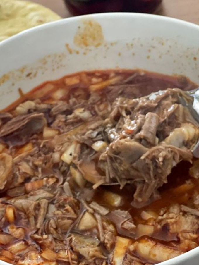 This bowl of birria de chivo showcases tender meat swimming in rich, spiced broth. Each spoonful delivers comfort that feels like a warm hug.