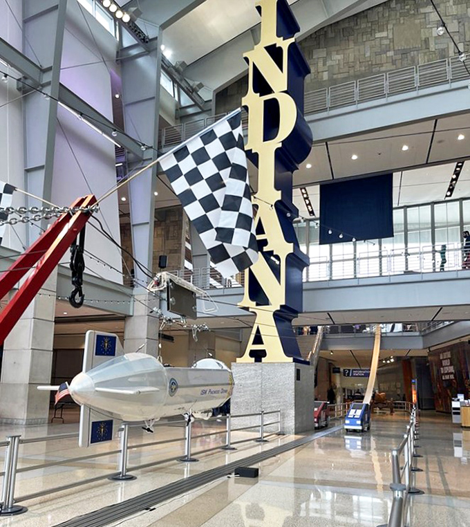 Racing heritage meets space exploration! The Indiana display featuring the Blue Origin rocket celebrates the state's ongoing love affair with speed and innovation.