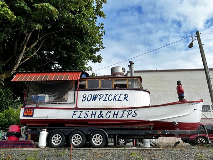 A landlocked vessel that serves ocean treasures. Bowpicker stands as proud and purposeful on land as it once did on water, now feeding hungry humans instead of catching fish.