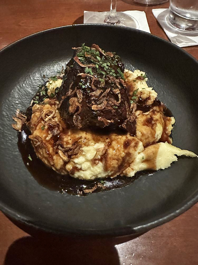 Short rib so tender it surrenders to your fork without resistance, nestled on creamy mashed potatoes that catch every drop of that glorious sauce.