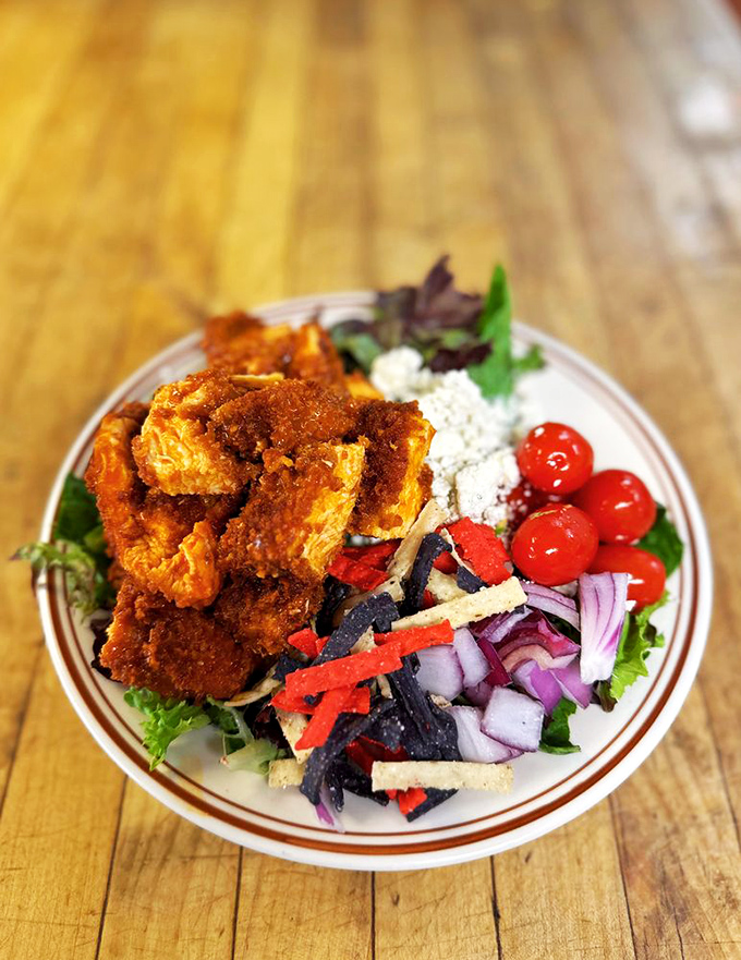 Buffalo chicken that decided a salad was the perfect stage for its spicy performance. A protein-packed flavor explosion that makes lettuce exciting.