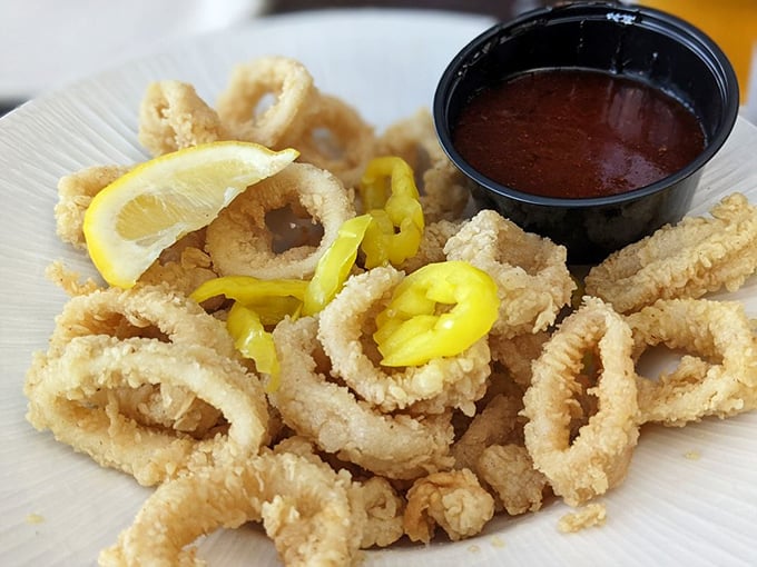 Crispy calamari rings with banana peppers&mdash;the ocean's tastiest jewelry, perfectly accessorized with a tangy dipping sauce.