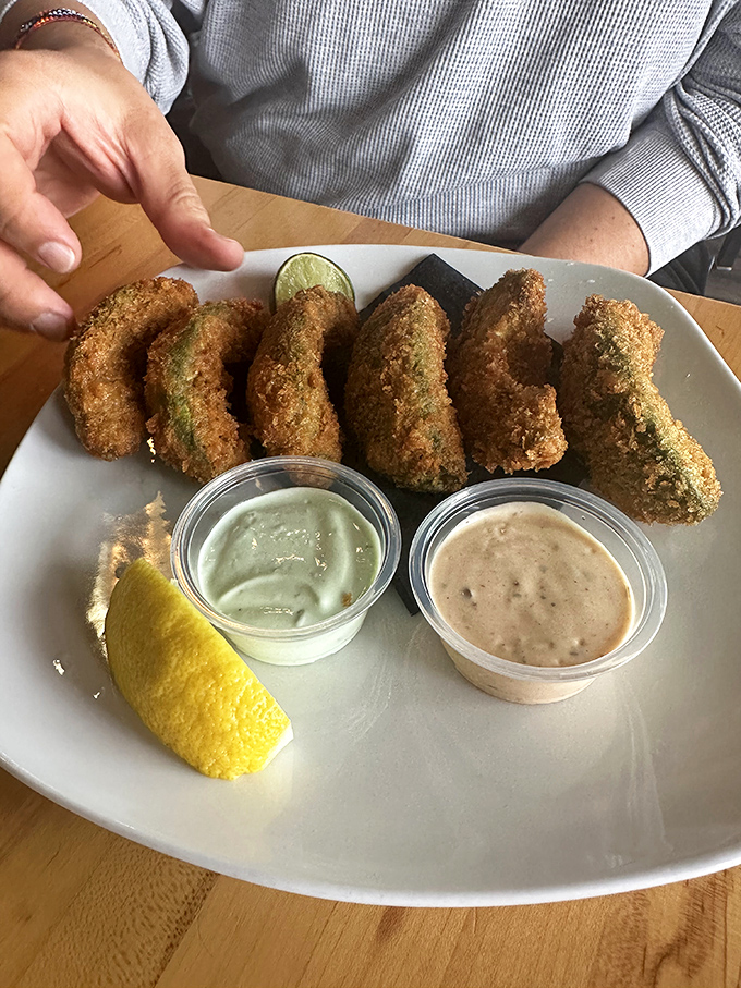 California avocado fries &ndash; where healthy fat meets unhealthy cooking method in a relationship that somehow works beautifully.