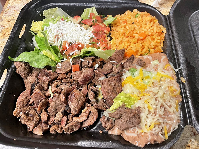 The carne asada plate&mdash;a beautiful composition that belongs in both the Louvre and your stomach. Protein, carbs, and vegetables in perfect harmony.