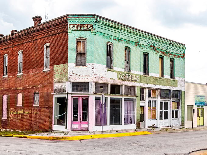 The faded "SEEDS" and "GARDENS" signs on the old Carthage Seed Store whisper of agricultural heritage. Those mint green and brick facades have weathered countless seasons.