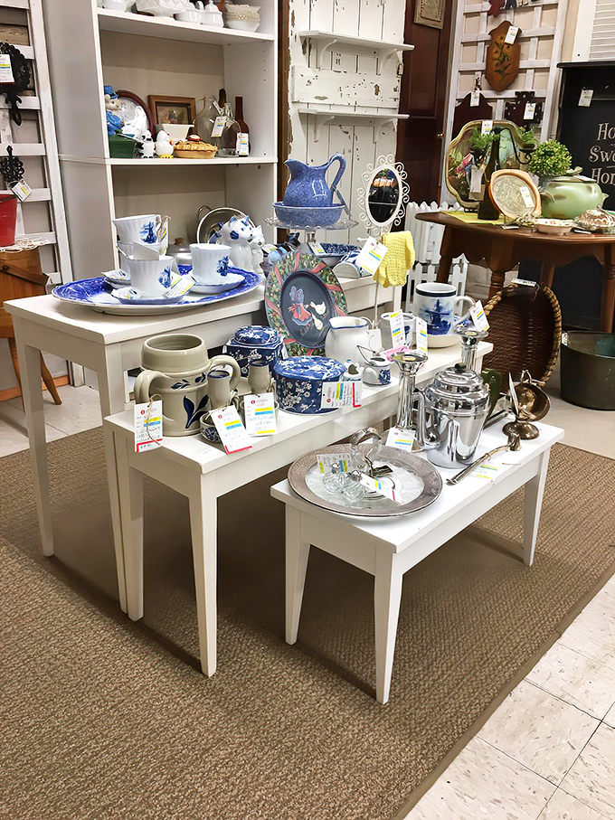 Blue and white ceramics arranged with the precision of a still life painting. Grandmothers everywhere are nodding in approval.